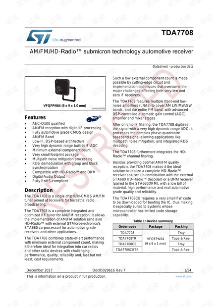 STMicroelectronics TDA7708：高性能车载AM/FM接收器 - CSDN文库