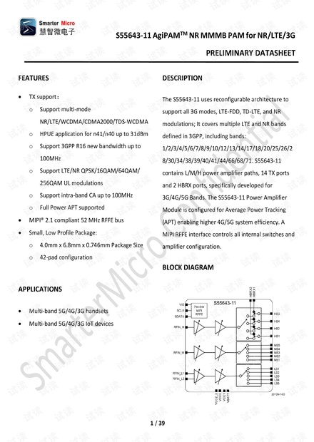 SmarterMicro_S55643-11_NR_MMMB_PAM_Preliminary_Datasheet_v1.47_5G RF front-end module ...