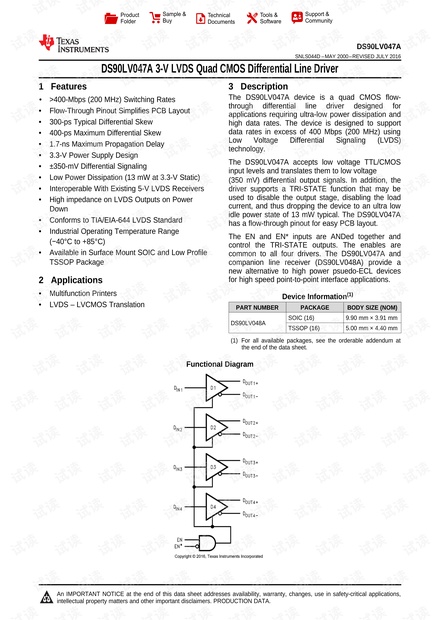 "TI-DS90LV047A.pdf: LVDS驱动器产品手册示例" - CSDN文库