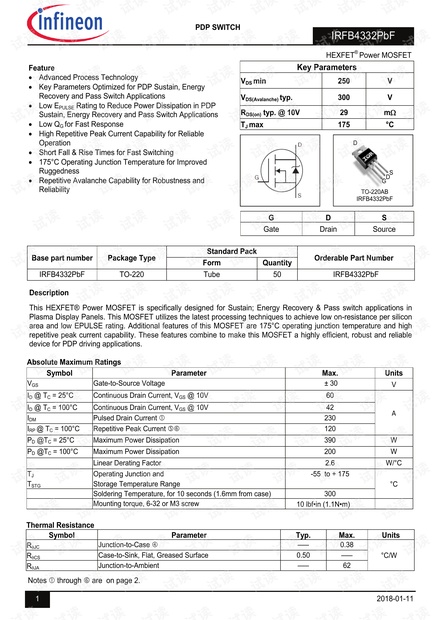 英飞凌INFINEON IRFB4332PBF MOSFET元件规格书手册 - CSDN文库