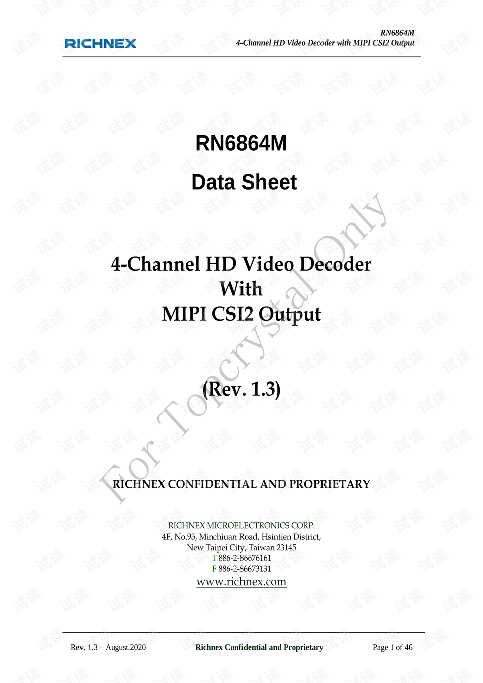 RN6752M单路AHD转MIPI功能芯片方案规格书,RN6752M高清视频解码器数据手册_rn6752资源-CSDN下载