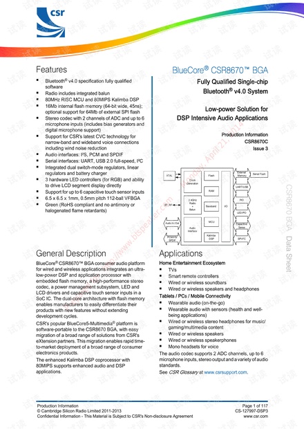 CSR8670 BGA 数据手册：蓝牙4.0低功耗音频解决方案 - CSDN文库